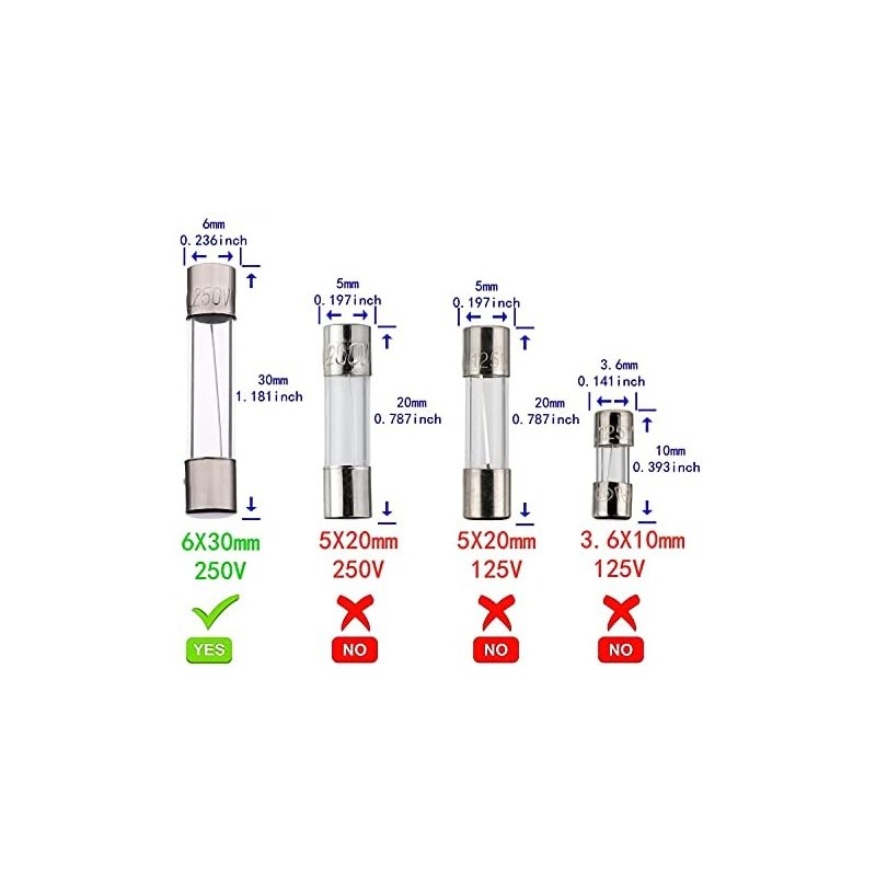 Fusible de Vidrio 0.5-20A 250V 6x30mm Valor 0.5A