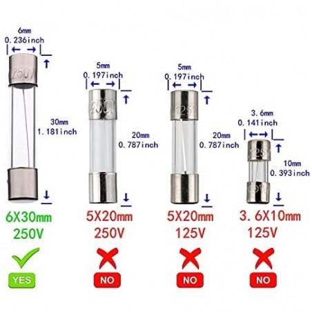 Fusible de Vidrio 0.5-20A 250V 6x30mm Valor 0.5A