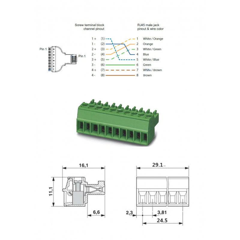 Conector Ethernet RJ45 Cat5/5e con Terminal Tipo Bloque 8 pines Tipo HEMBRA