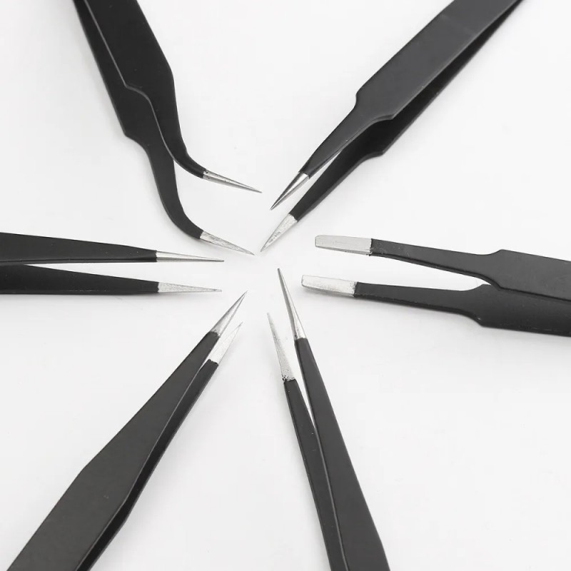 Set de pinzas antiestáticas de acero inoxidable 6 piezas