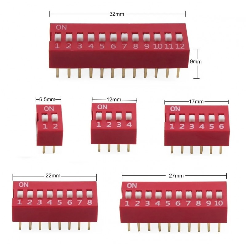 Mini Interruptor de 2/4/6/8/10/12 Posiciones 2.54mm (DIP Switch) Tipo 2 Posiciones