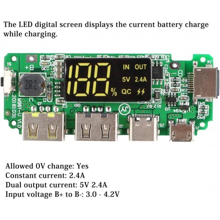 Modulo de Carga para Baterias de Litio 18650 5V 2.4A Input USB-C/Lightning/Micro USB