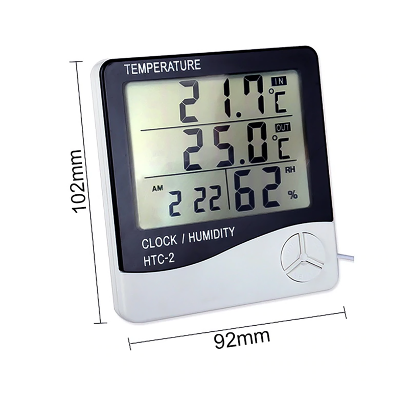 Termohigrometro Digital y Reloj HTC-2 Tipo Con Bateria AAA