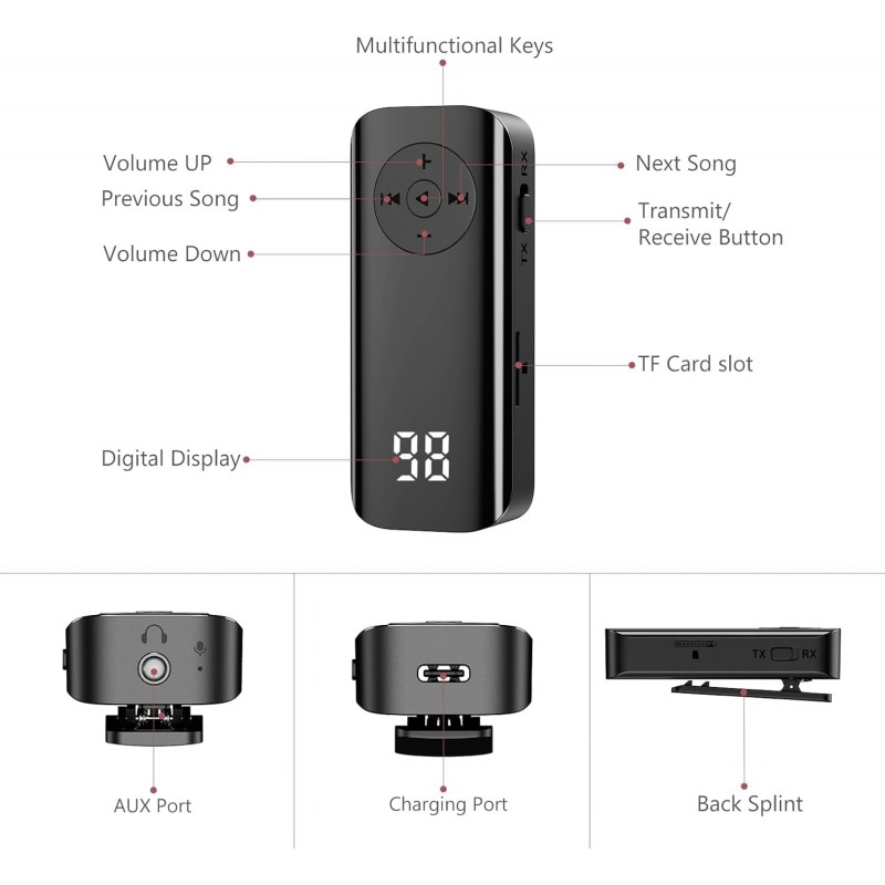 Transmisor y receptor de audio bluetooth 5.3 con lector TF