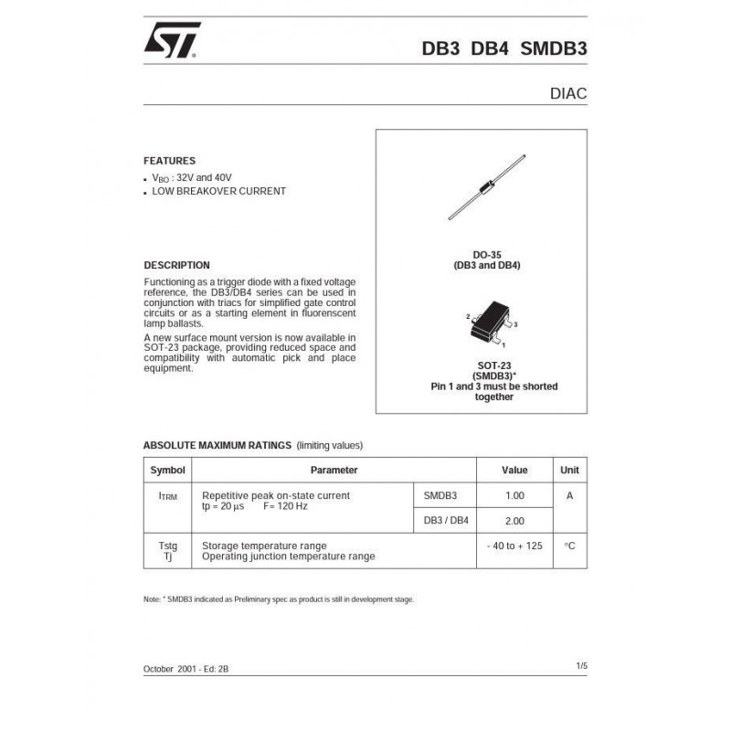 Diac DB3 tiristor bidireccional de disparo 1 unidad